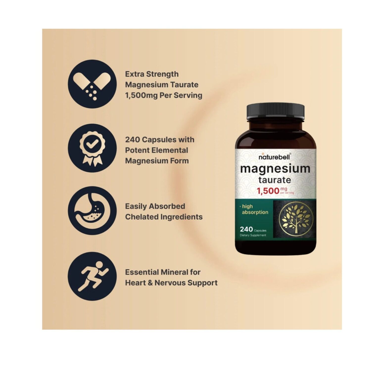 NatureBell Magnesium Taurate 1,500mg, 240 Capsules | Chelated for High ...